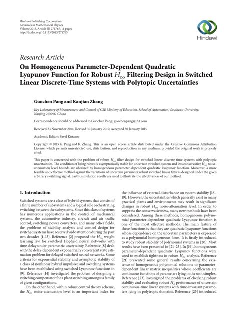 pdf on homogeneous parameter dependent quadratic lyapunov function for robust h ∞ filtering