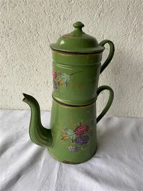 CAFETIÈRE ANCIENNE EN Tôle Emaillée Fond Vert Décor Fleur Collection