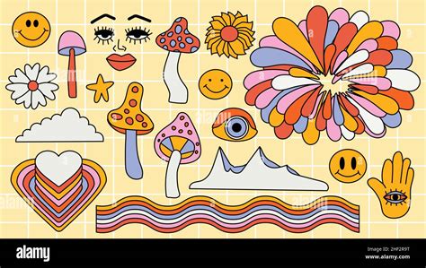 Set Of Hipster Retro Cool Psychedelic Elements A Collection Of Groovy