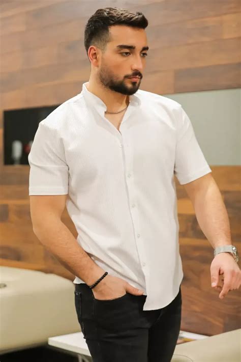 Kendinden Desenli Hakim Yaka K Sa Kollu Erkek G Mlek Beyaz
