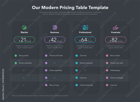 Simple Pricing Table Layout With Four Subscription Plans Dark Version