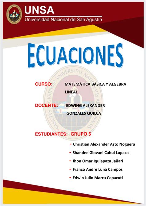 Tarea Ecuaciones Grupo 5 CURSO MATEMTICA BSICA Y ALGEBRA LINEAL