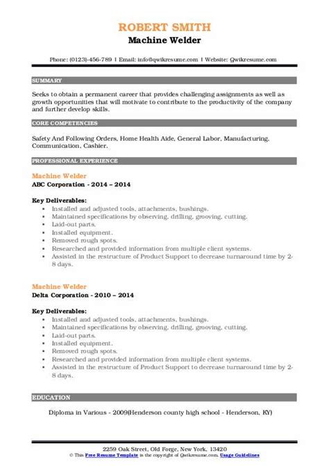 Machine Welder Resume Samples QwikResume
