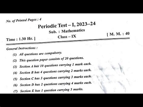 Kv Pt Question Paper Class Maths Periodic Test Paper For