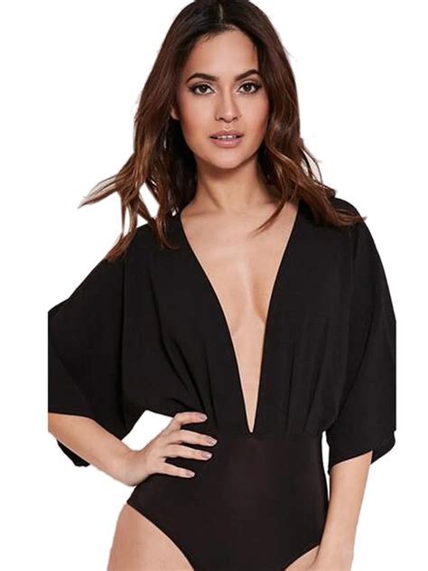 Plunge Deep V Neck Bodysuit Batwing Women Sexy Summer Romper Party Club