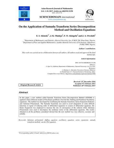 pdf on the application of sumudu transform series decomposition method and oscillation equations