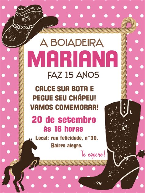 Convite aniversário boiadeira cowgirl country Edite grátis nosso