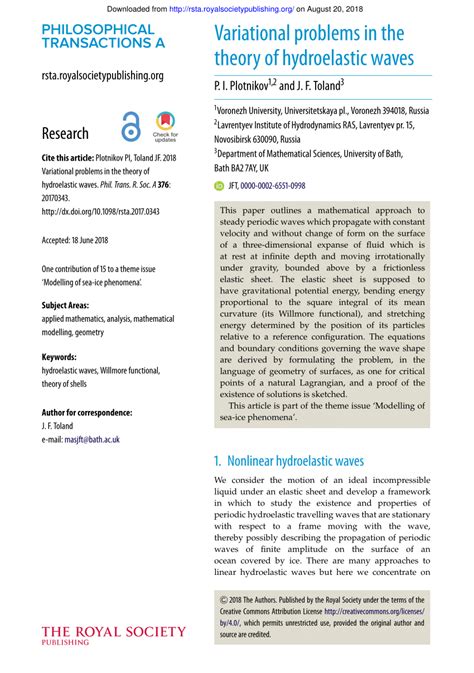 pdf variational problems in the theory of hydroelastic waves