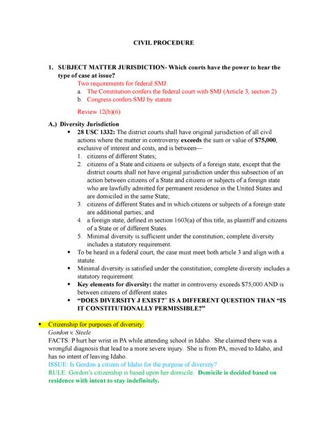 Civpro Outline Civil Procedure Subject Matter Jurisdiction Which