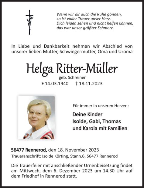 Traueranzeigen von Helga Ritter Müller rz trauer de