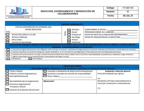 FT SST 43 Formato induccion entrenamiento y reinduccion INDUCCIÓN