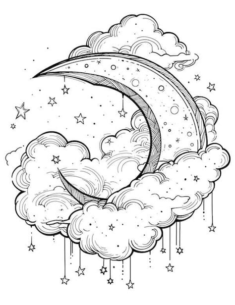 A Drawing Of A Crescent Moon In The Sky With Stars And Clouds Around It