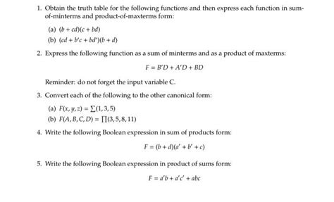 solved 1 obtain the truth table for the following functions