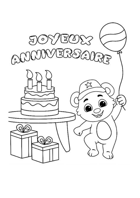 Coloriage Joyeux Anniversaire avec un Ours Mignon télécharger et