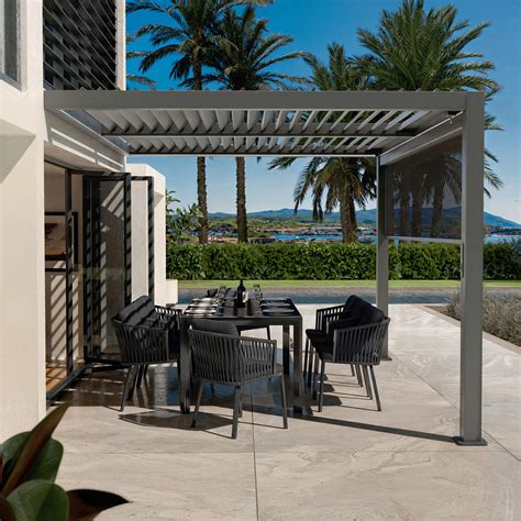Pergola bioclimatique adossée motorisée aluminium 3 x 4 m LED Gris