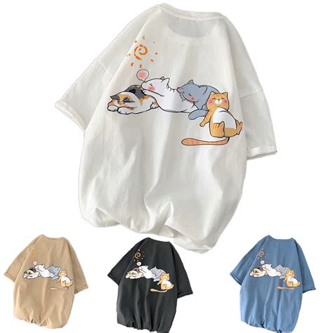 Camiseta De Media Manga Con Estampado De Gato Para Mujer A La Moda