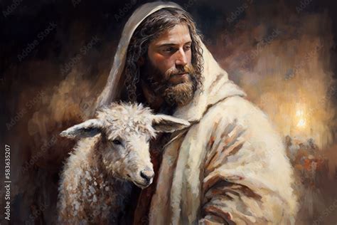 Jesus Christ Son Of God The Good Shepherd With A Lamb Symbol Of