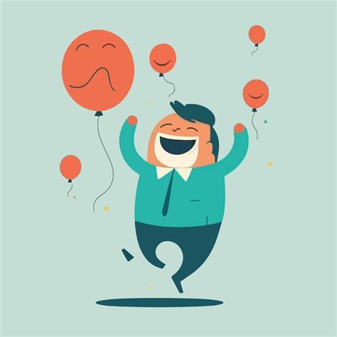Hombre De Dibujos Animados Saltando Con Un Globo De Cara Feliz
