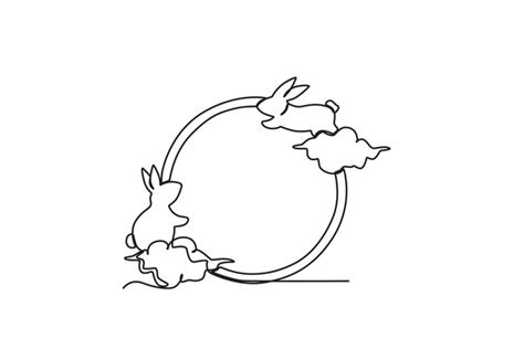 Dois Coelhos Brincando Na Lua Midautumn Desenho De Uma Linha Vetor