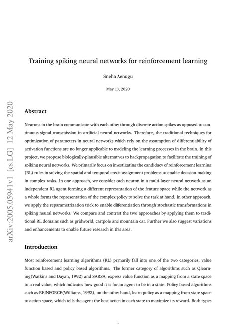 pdf training spiking neural networks using reinforcement learning