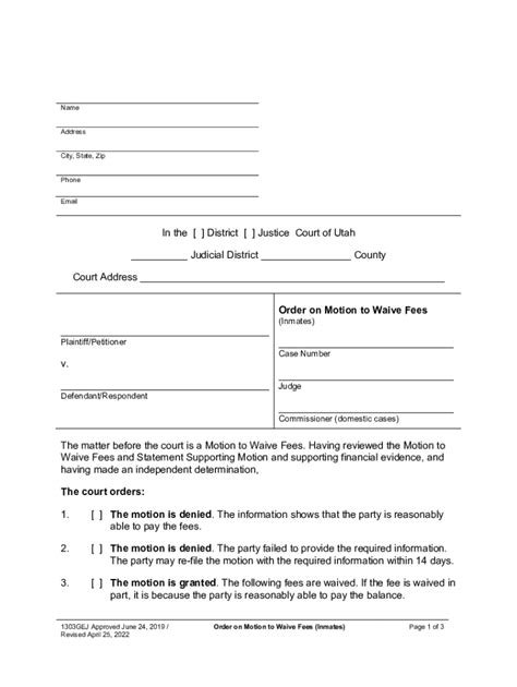 Fillable Online Order On Motion To Waive Fees Inmates Order On