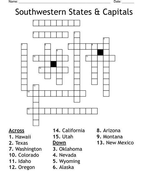 Southwestern States Capitals Crossword Wordmint