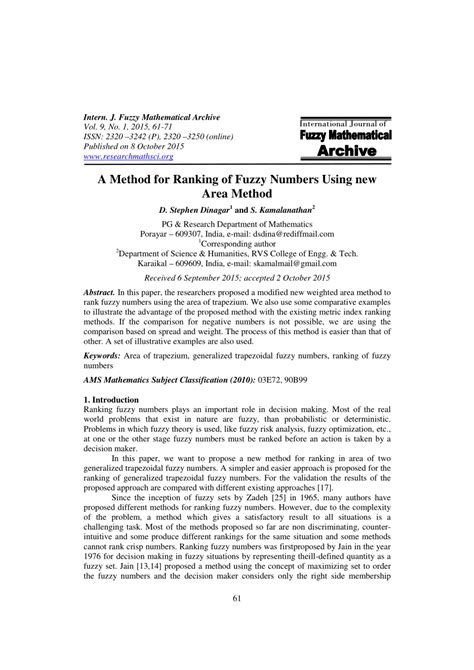 pdf a method for ranking of fuzzy numbers using new area method