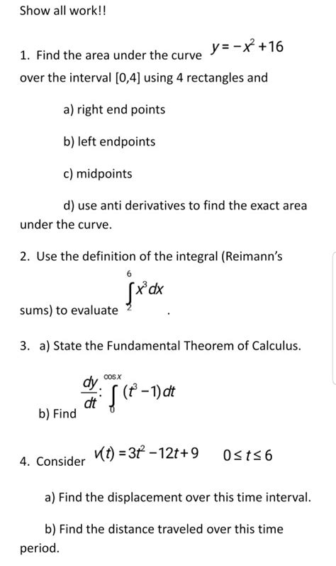 solved show all work 1 find the area under the curve y