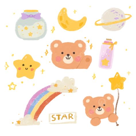 Cute Korean Bear Stars Colorful Kawaii Stickers Bear Clipart Cute