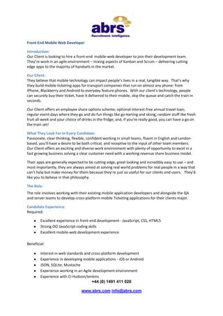 Front End Mobile Web Developer Job In London See Bradley Abrs Pdf