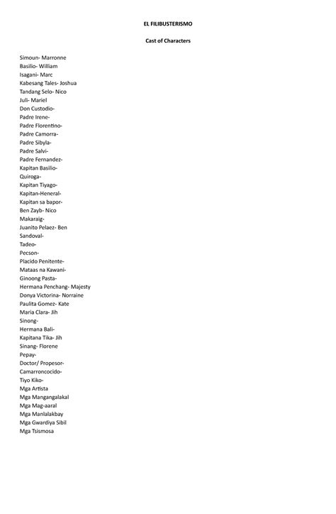 EL Filibusterismo Final Script EL FILIBUSTERISMO Cast Of Characters