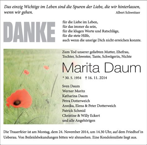 Traueranzeigen Von Marita Daum Vrm Trauer De