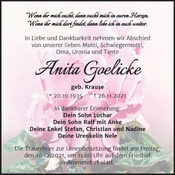 Traueranzeigen Von Anita Goelicke Abschied Nehmen De