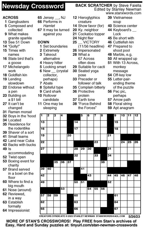 Newsday Crossword Puzzle For May By Stanley Newman Creators