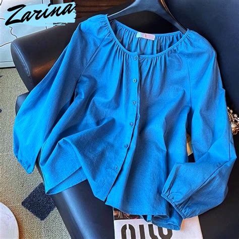 ZARINAblouse Biru New Plain Lantern Sleeve Korean Blouse Fit Blouses