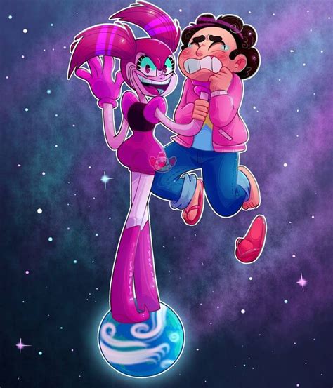 An Image Of A Man And Woman That Are In The Air With Stars Behind Them