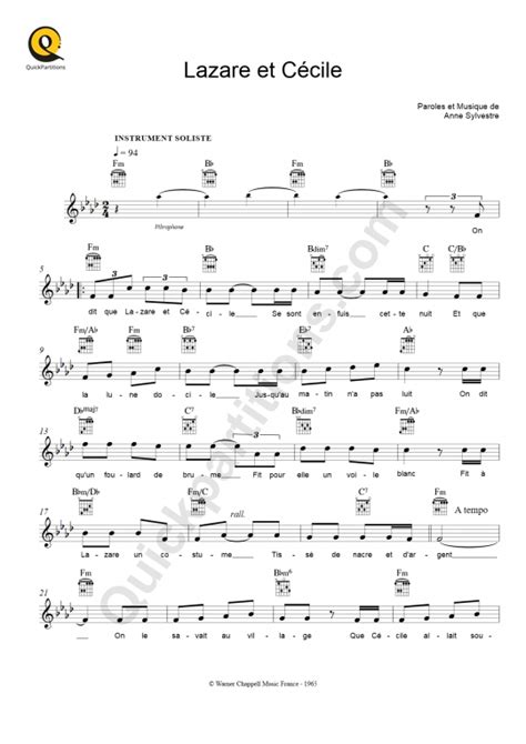 Partition pour Instruments Solistes Lazare et Cécile de Anne Sylvestre