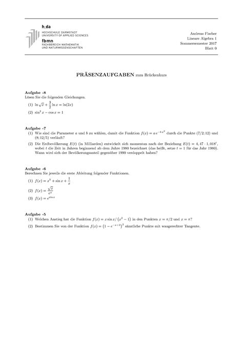 Übung Blatt 0 LA1 Andreas Fischer Lineare Algebra 1 Sommersemester