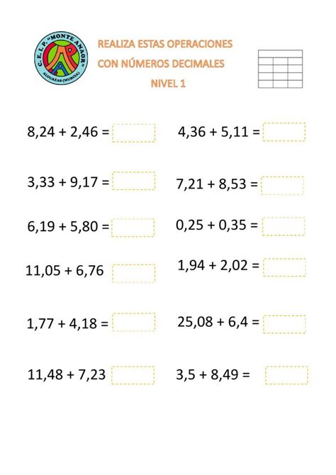 Suma de números decimales nivel 1 worksheet Hojas de cálculo Numeros