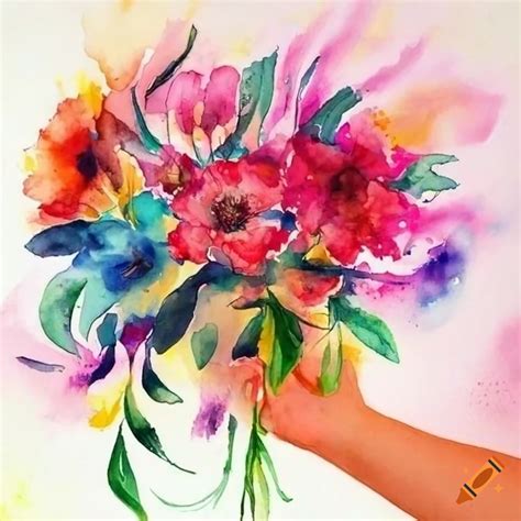 Vibrant Watercolor Painting Of Flowers In A Hand On Craiyon