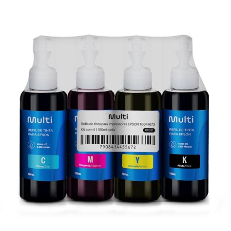 Kit Refil De Tinta Para Impressoras Epson T664 4 Cores 100ml Multi