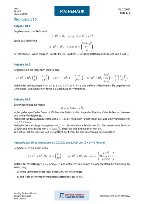 Prasenzblatt 10 Sommersemester Hoehere Mathematik II TUK StuDocu