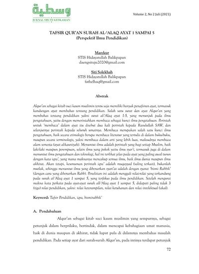 Tafsir Qur An Surah Al Alaq Ayat Sampai Perspektif Ilmu Pendidikan