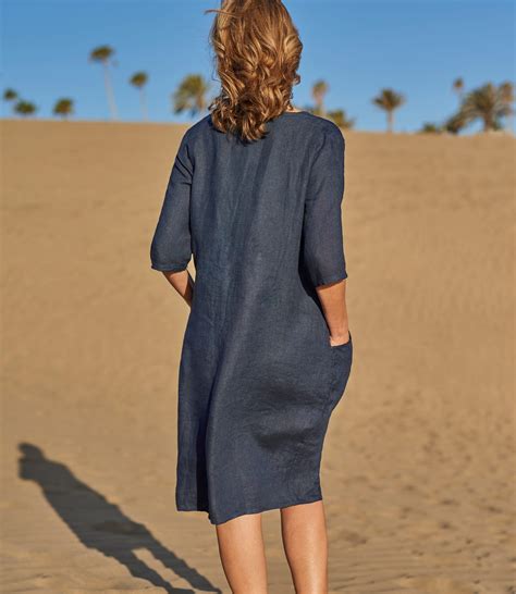 Bleu nuit Robe Tunique à poches Femme Pur Lin Woolover FR