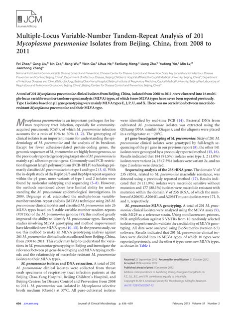 pdf multiple locus variable number tandem repeat analysis of 201 mycoplasma pneumoniae