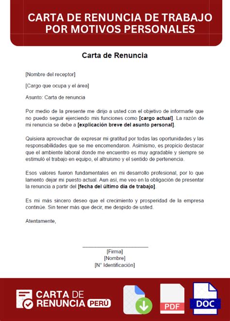 Carta De Renuncia De Trabajo Por Motivos Personales