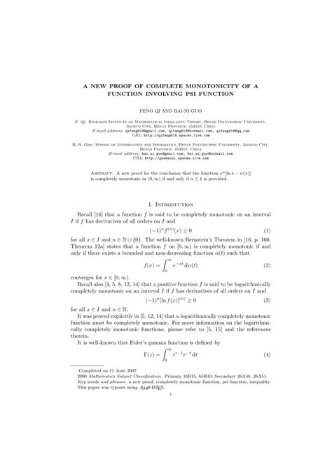 pdf a new proof of complete monotonicity of a function involving psi function