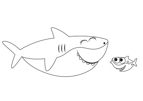 Familia de Tiburones Bebés con Peces Nadando para colorear imprimir e
