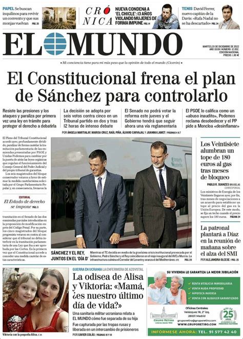 Portada del diario EL MUNDO del día 20 12 2022 News Europa