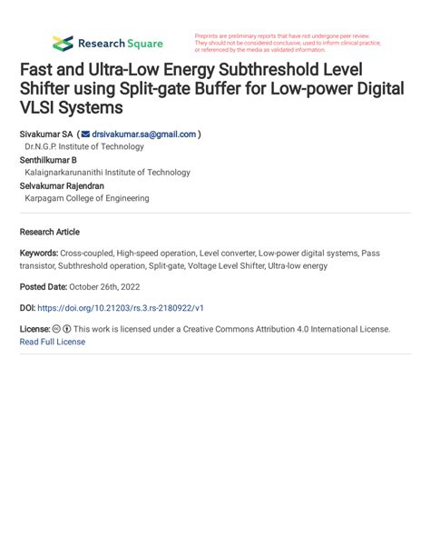 pdf fast and ultra low energy subthreshold level shifter using split gate buffer for low power